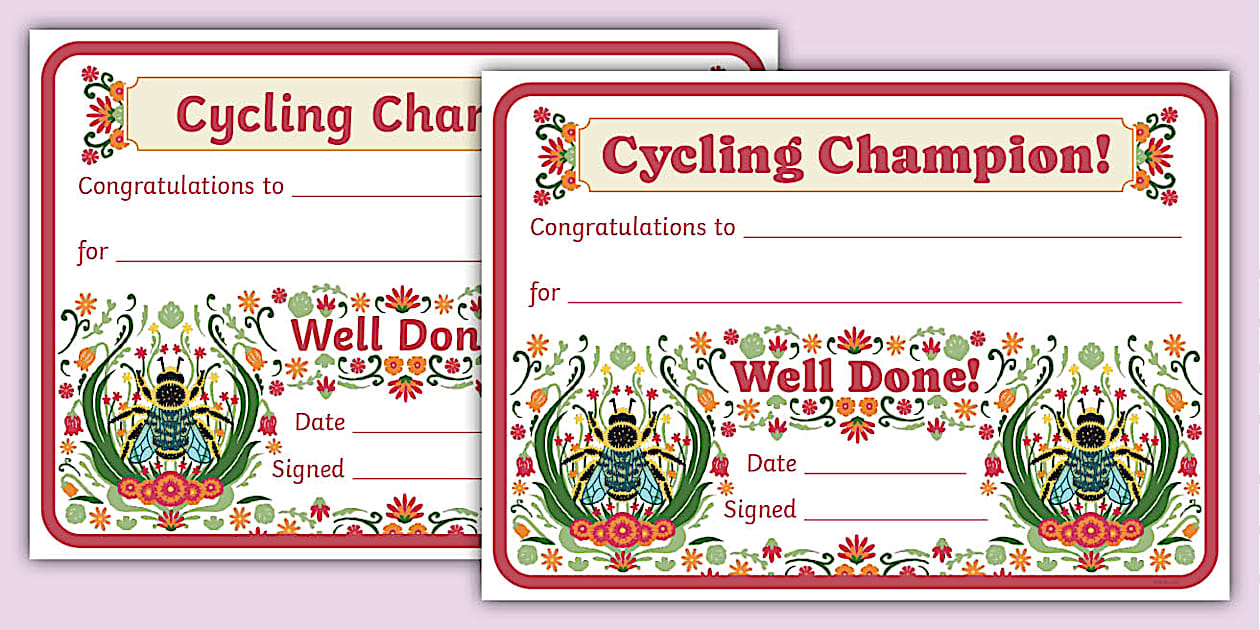 Bee-Themed Cycling Certificate (teacher made) - Twinkl