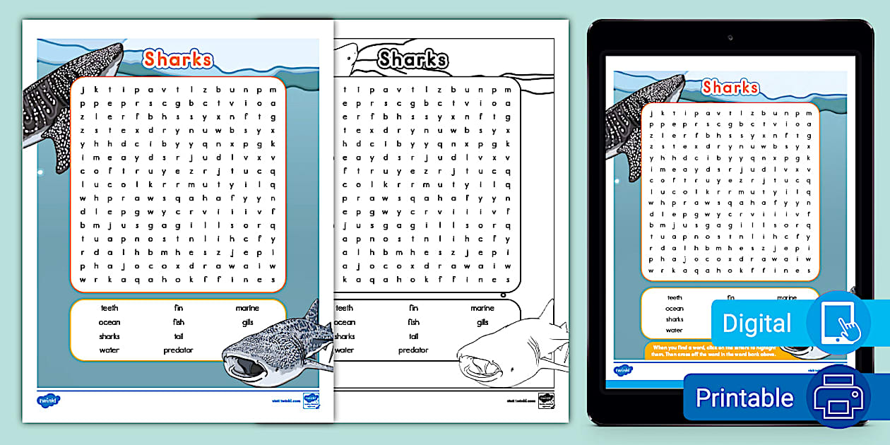 Engaging Shark Wordsearch for K-2nd Grade | Twinkl USA