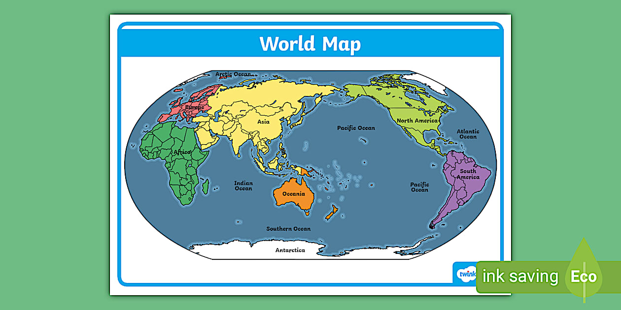 Oceania Centred Continents and Oceans Map - Twinkl