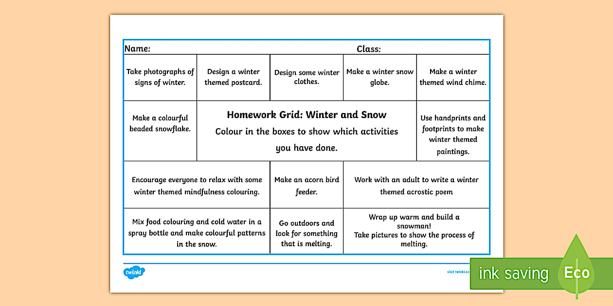 Winter and Snow First Level CfE Homework Grid - Twinkl