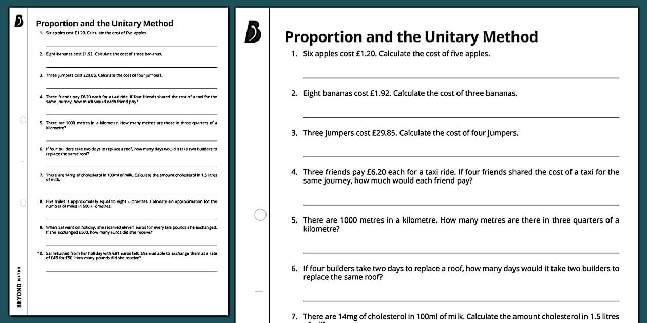 👉 Proportion and the Unitary Method Worksheet - Twinkl