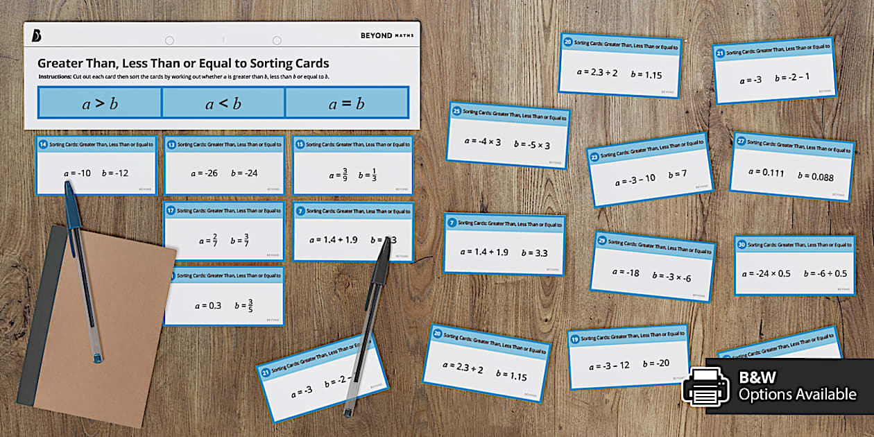 Black and White Greater Than, Less Than or Equal To Sorting Cards