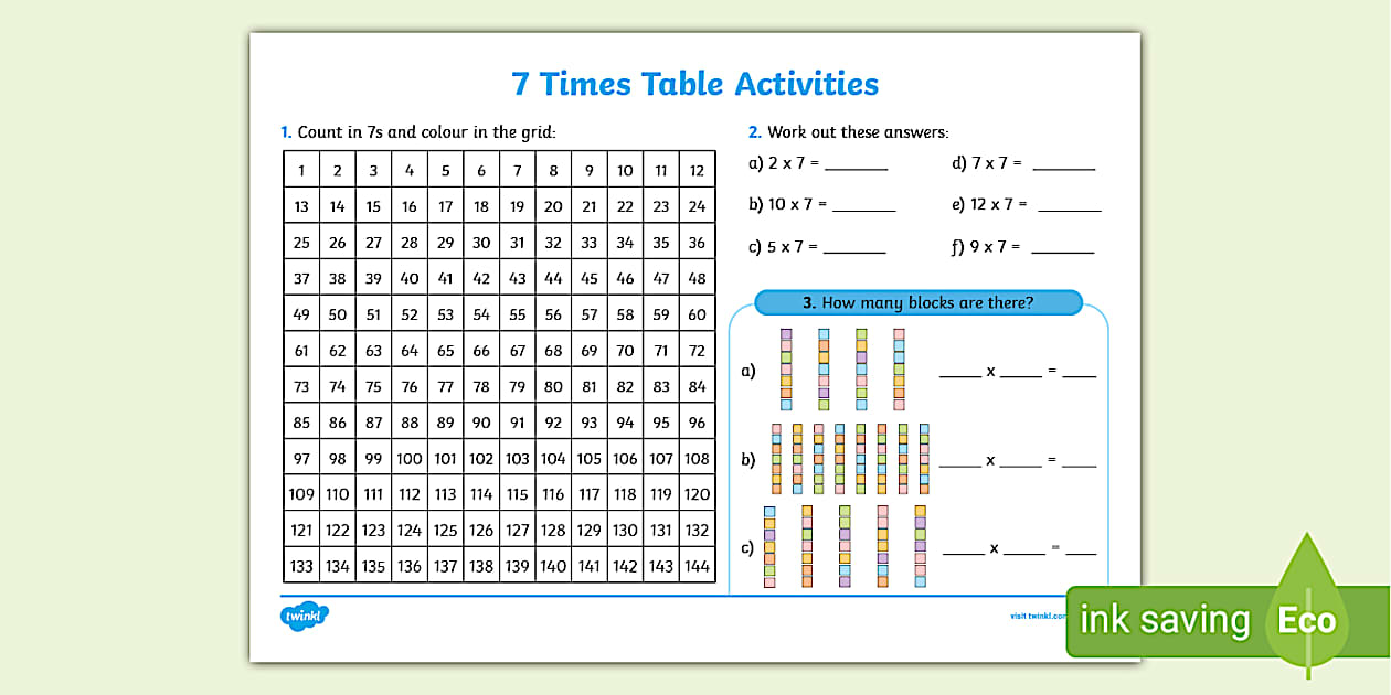 Seven Times Table Worksheet KS2 Maths - Twinkl