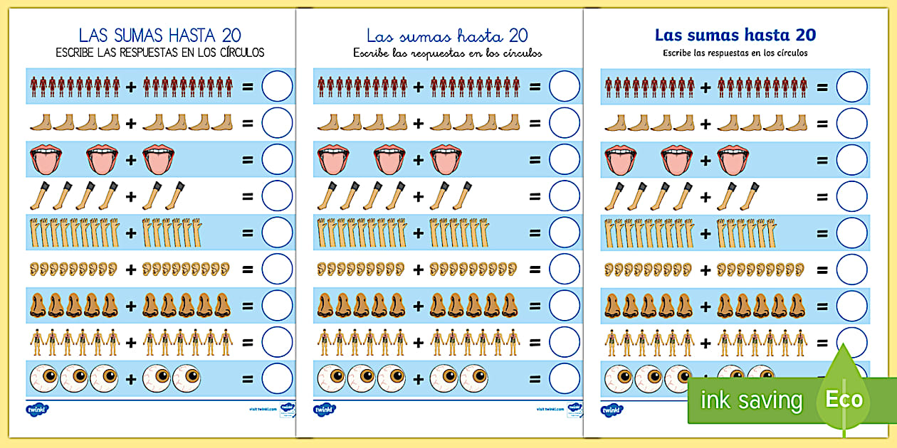 Ficha: Las sumas hasta 20 - Mi cuerpo - Twinkl