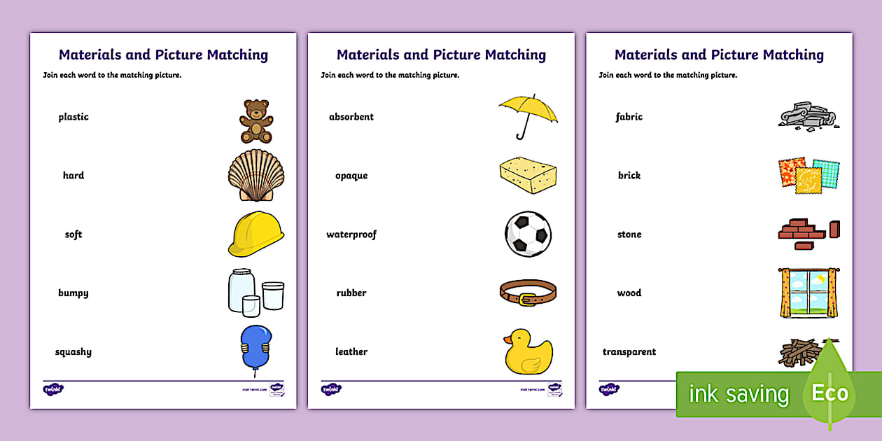 Black and White Materials Word and Picture Matching Worksheet