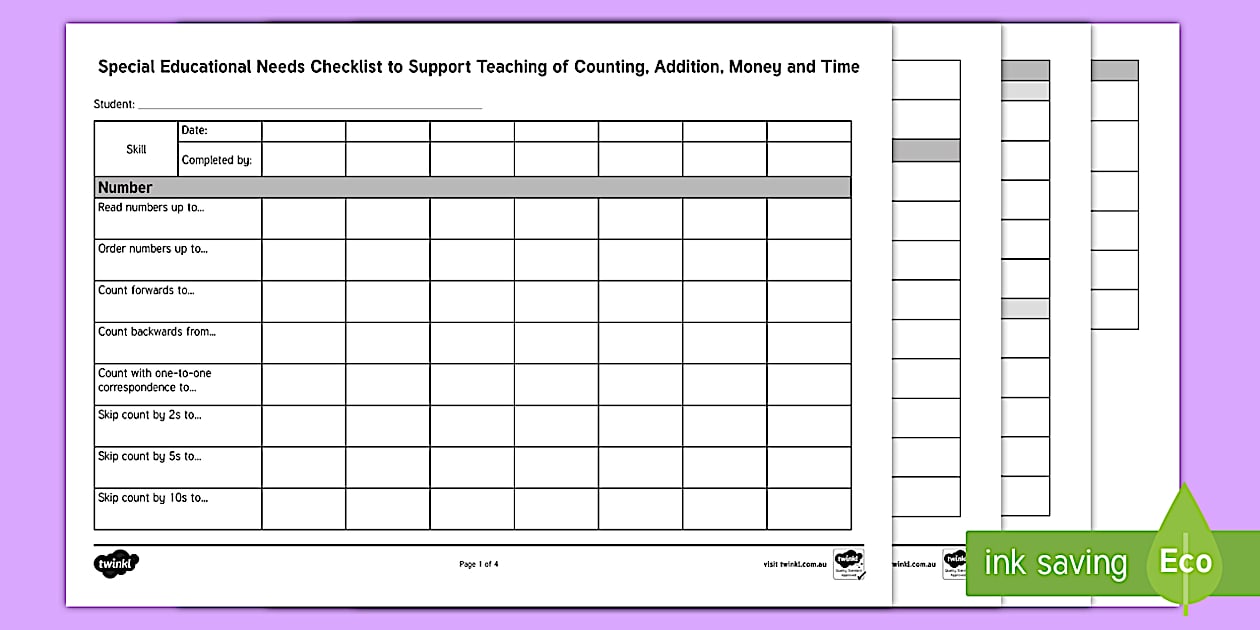 Special Education Checklist to Support Teaching On Counting, Addition ...