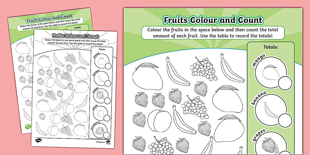 Fruits Colour and Count Worksheet - Twinkl