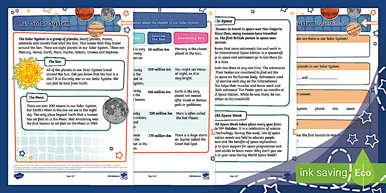 Our Solar System Reading Comprehension Activity (Ages 5 - 6)