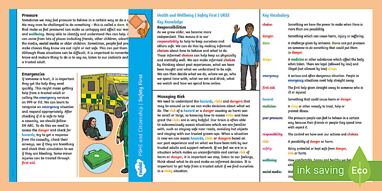 PSHE: UKS2 Safety First - Knowledge Organiser (teacher made)