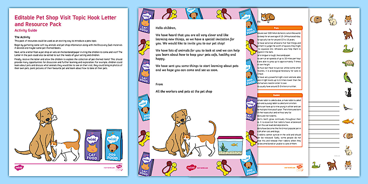 Editable Pet Shop Visit Topic Hook Letter and Resource Pack