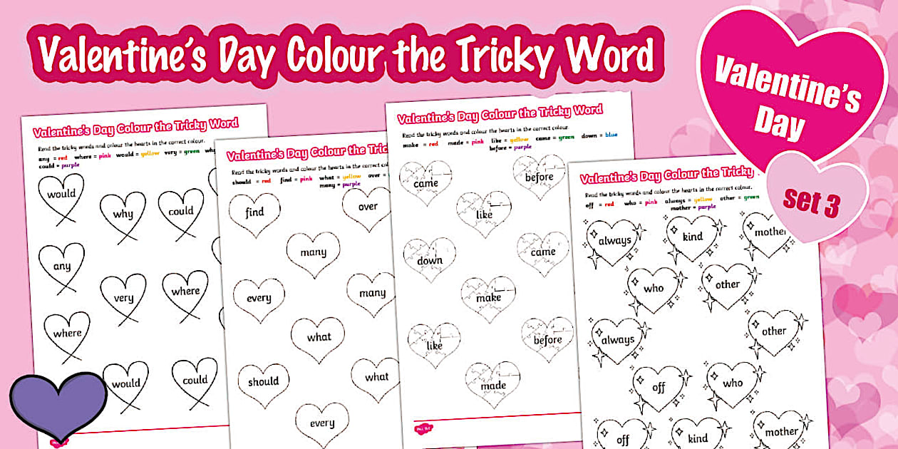 Valentine's Day Colour the Tricky Word (Set 3) Activity