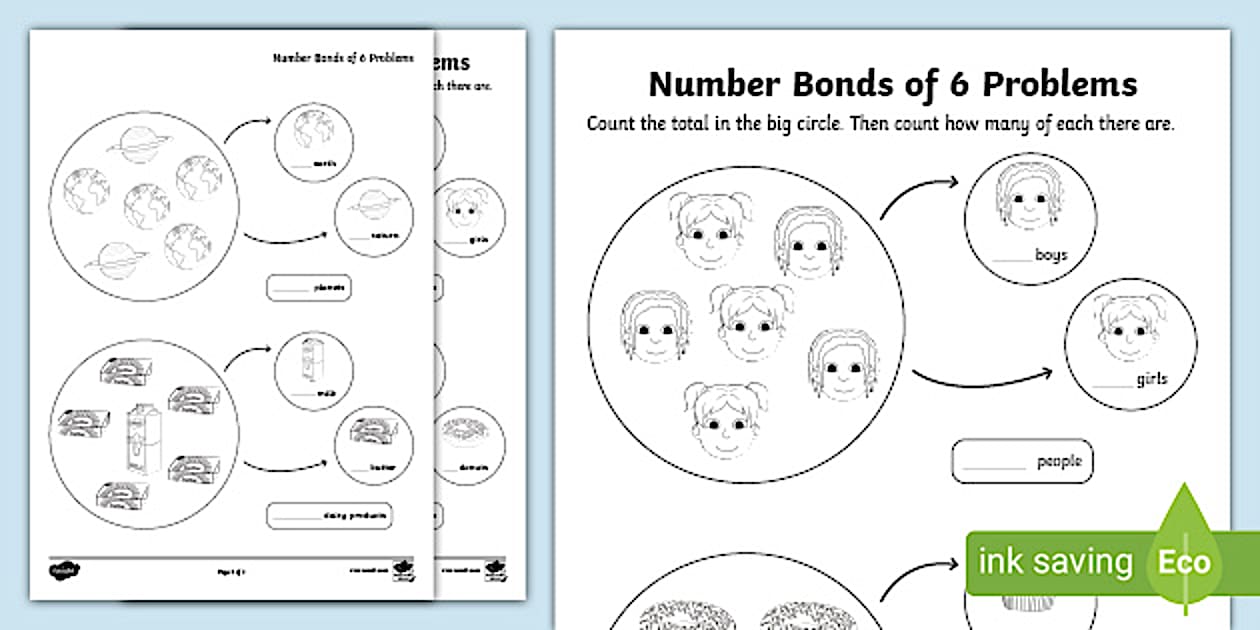Number Bonds to 6 Problems Worksheet (teacher made) - Twinkl