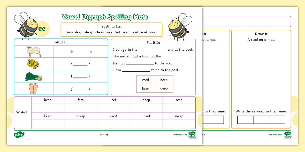 Vowel Digraph Spelling Mats - ee (Teacher-Made) - Twinkl