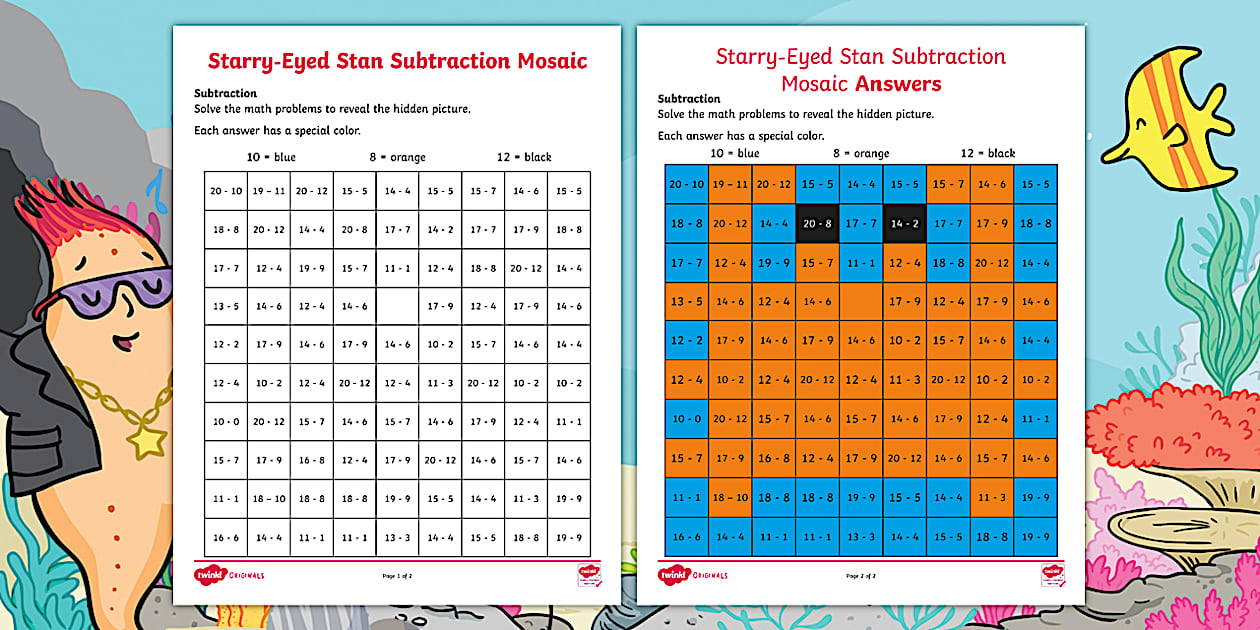 Starry-Eyed Stan Math Mosaic Subtraction Worksheet | Twinkl