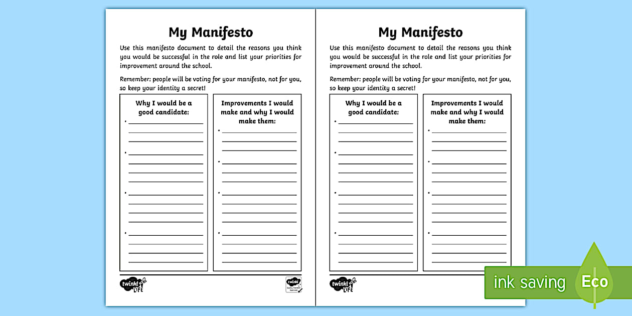 Editable Pupil Voice School Council LKS2 My Manifesto Worksheet