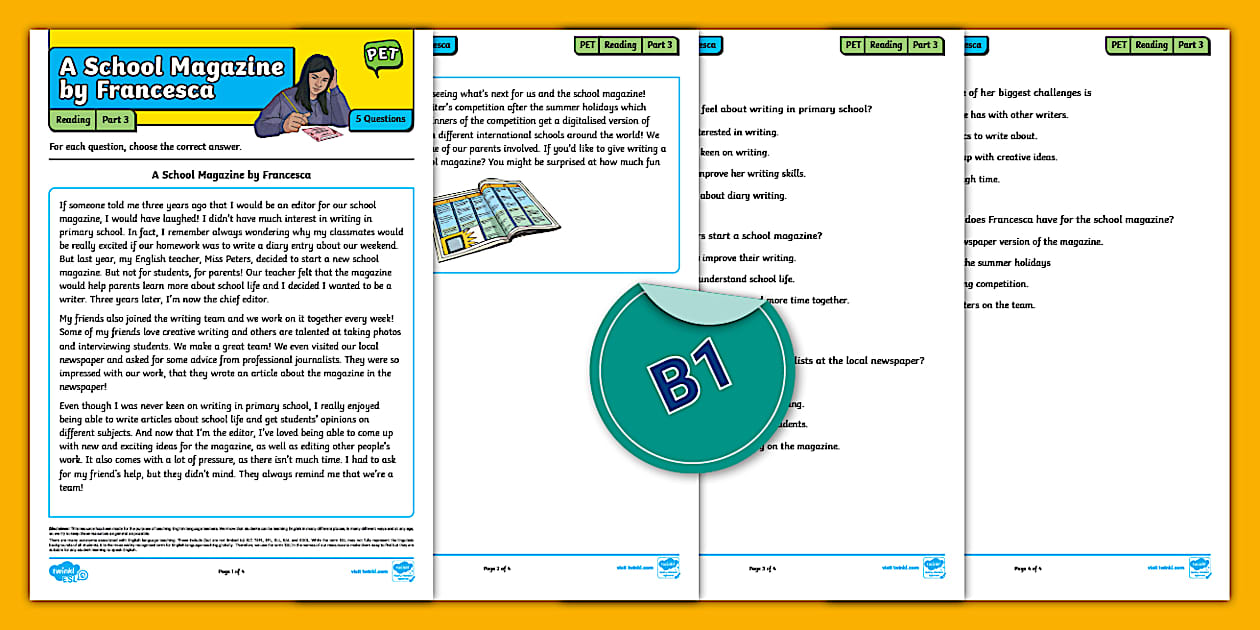 B1 Preliminary (PET) Reading Part 3 - A School Magazine