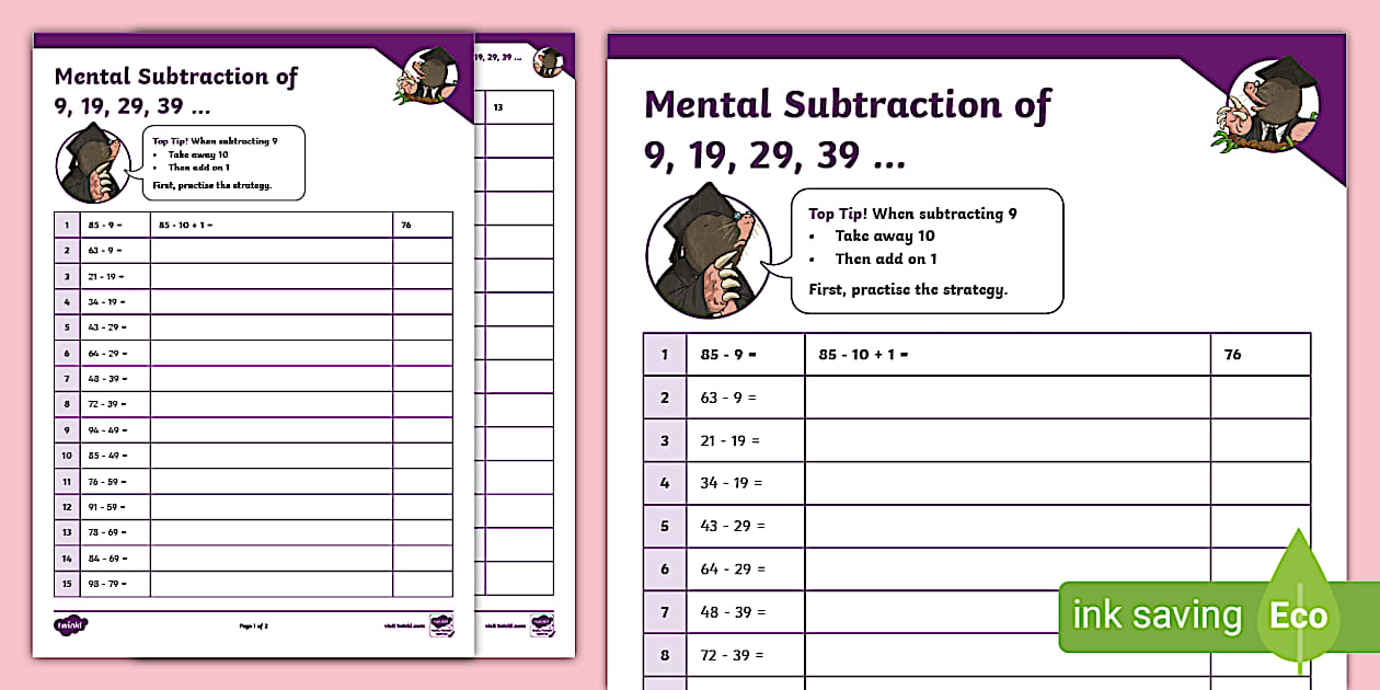 Mental Subtraction of 9, 19, 29, 39 … (teacher made)