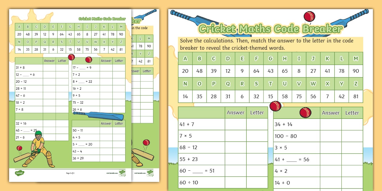 👉 Year 2 Cricket Maths Code Breaker (teacher made)