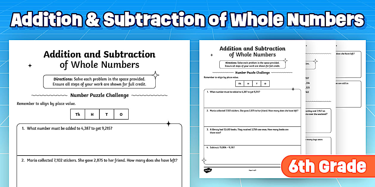 Addition and Subtraction of Whole Numbers Worksheet
