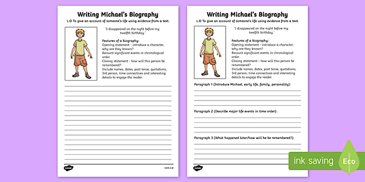 Kensuke's Kingdom Michael Biography Writing Frame - writing aid