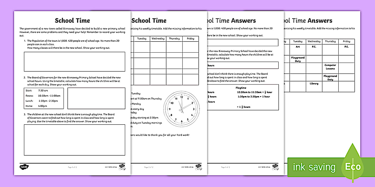 School Time Problem Solving Worksheet - AC9M4M03 - Twinkl