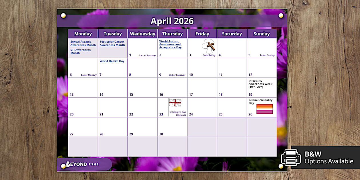 PSHE KS3-KS4 Calendar April 2026 (teacher made) - Twinkl
