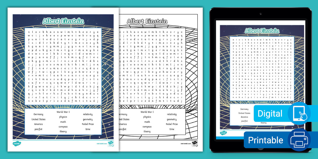 Albert Einstein Word Search for 3rd-5th Grade
