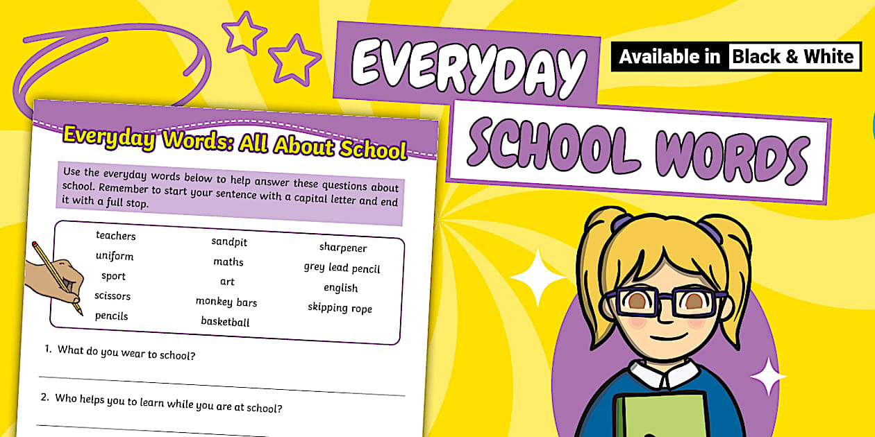 Everyday School Words Activity Comprehension Worksheet
