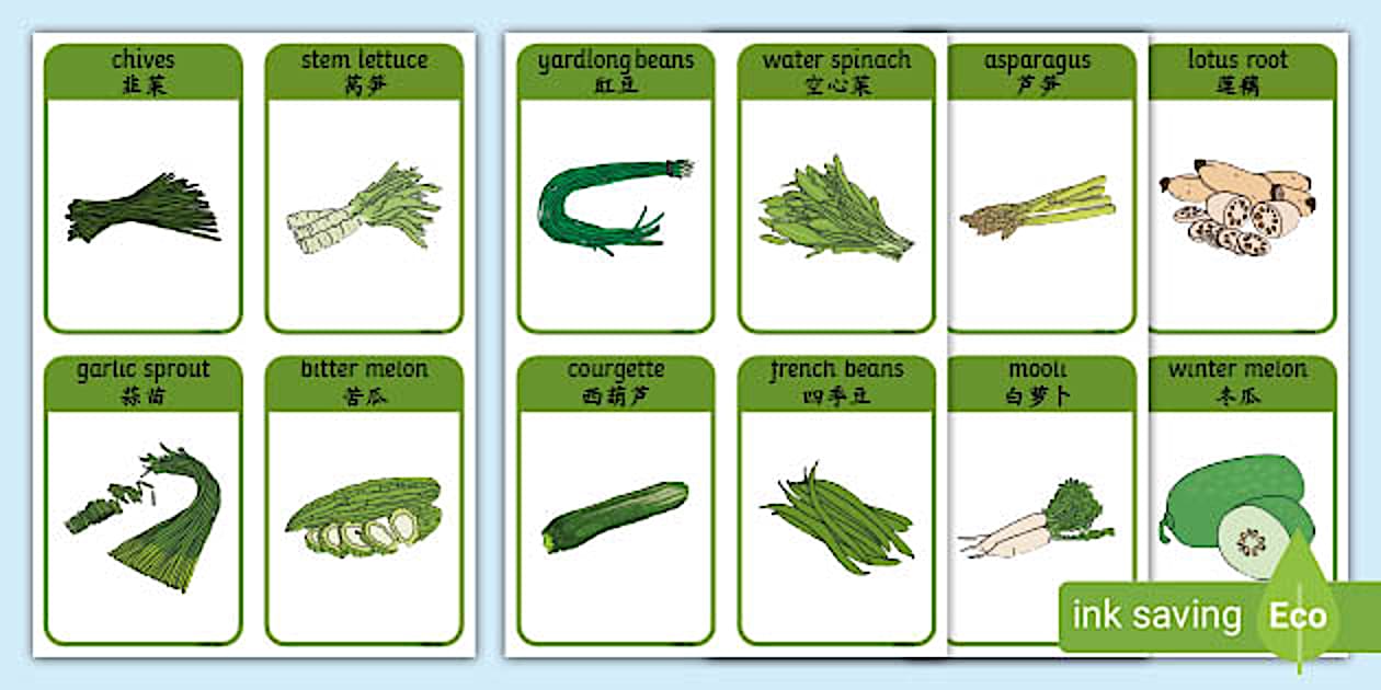 Vegetables in China flash cards English/ Mandarin Chinese