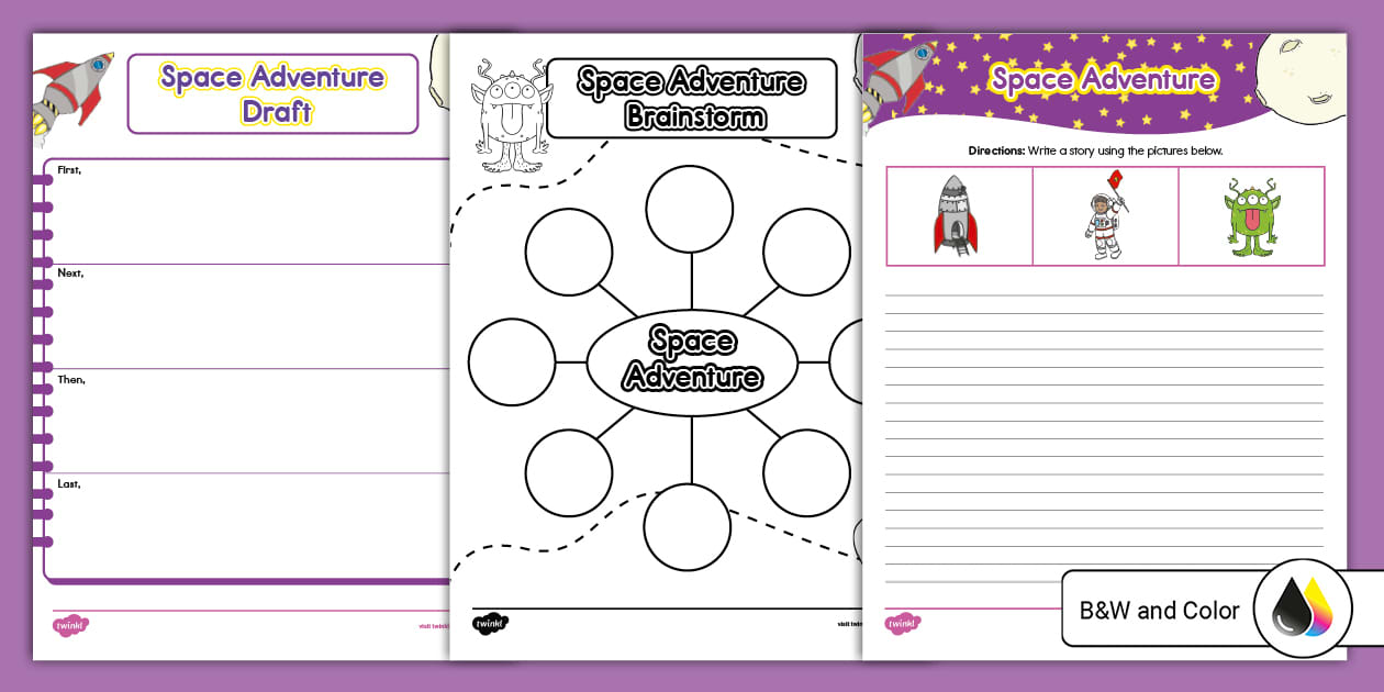 First Grade Space Adventure Write a Story Worksheet - Twinkl