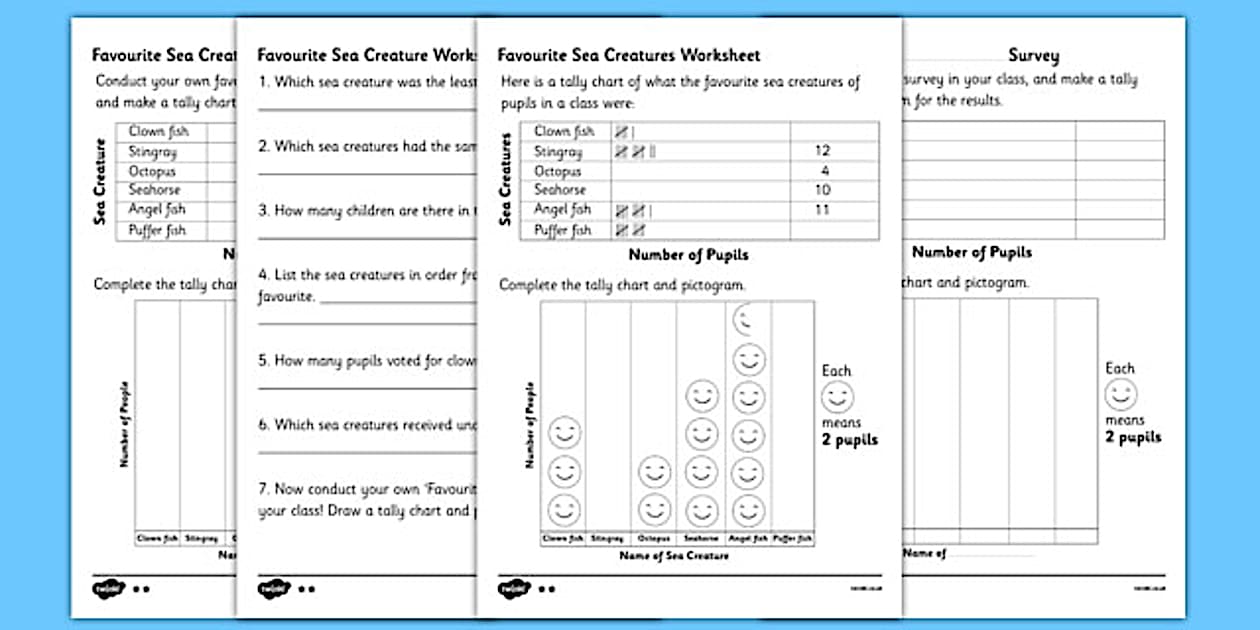 Higher Ability Favourite Sea Creature Tally Chart and Pictogram Worksheets