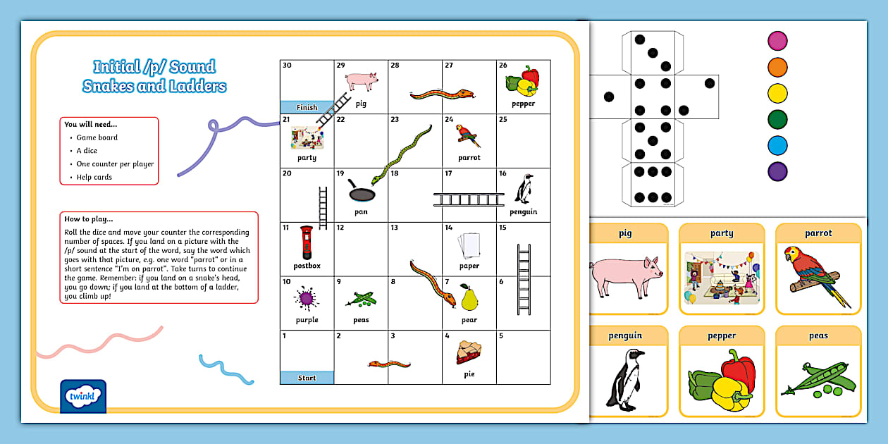Initial /p/ Sound Snakes and Ladders (teacher made) - Twinkl