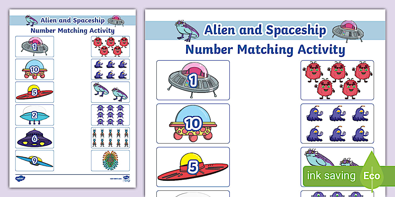 Alien and Spaceship Number Matching Activity Sheet - KS1