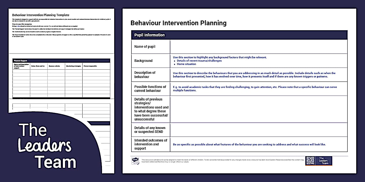 Behaviour Intervention Planning Template - leaders - Twinkl