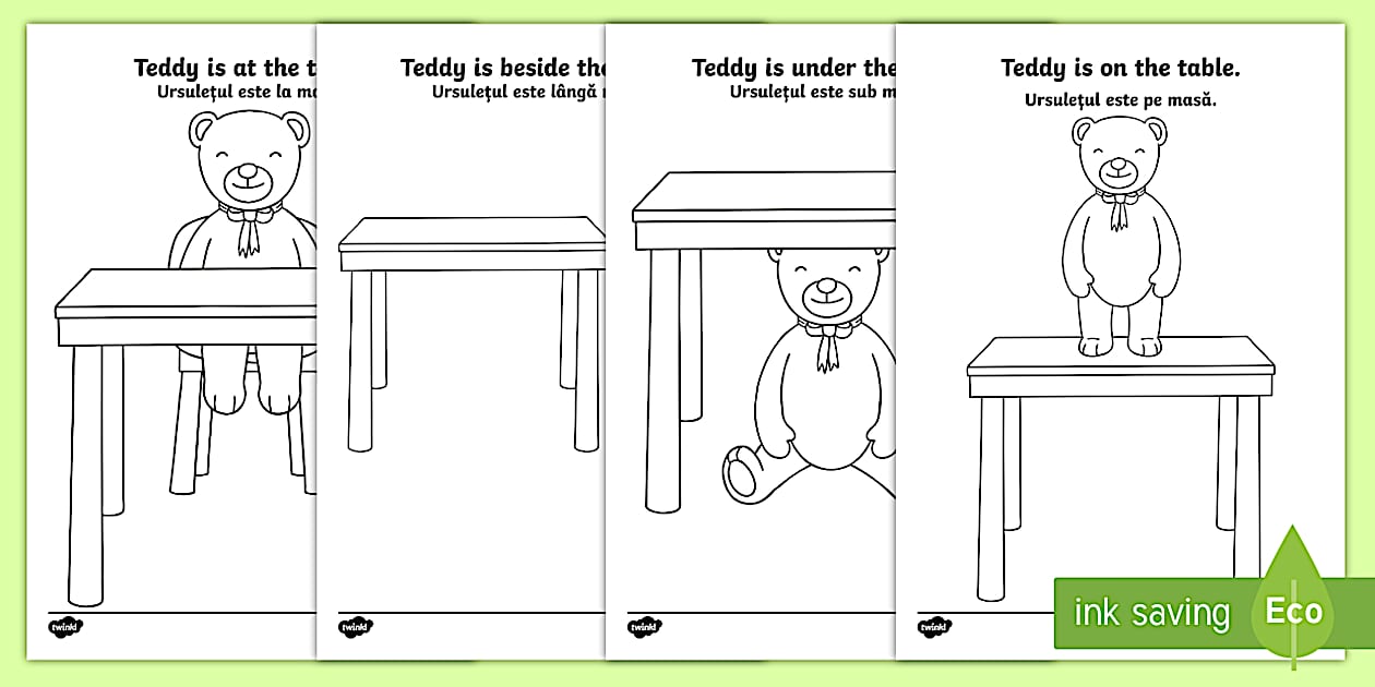 Teddy Bear Prepositions Colouring Pages English/Romanian