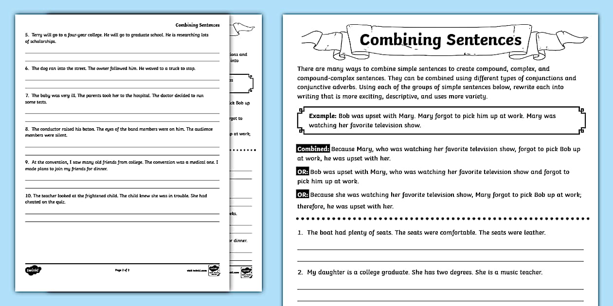 Sentence Combining Worksheet for 6th-8th Grade - Twinkl