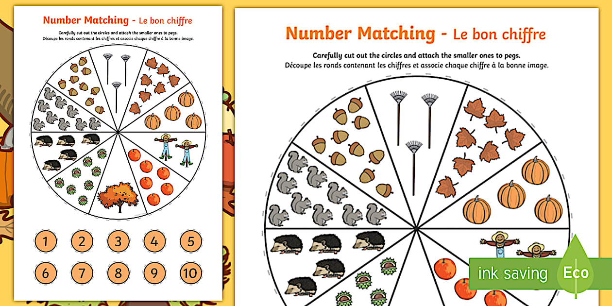 Number Matching Pegs Autumn Themed Worksheet / Worksheet English/French
