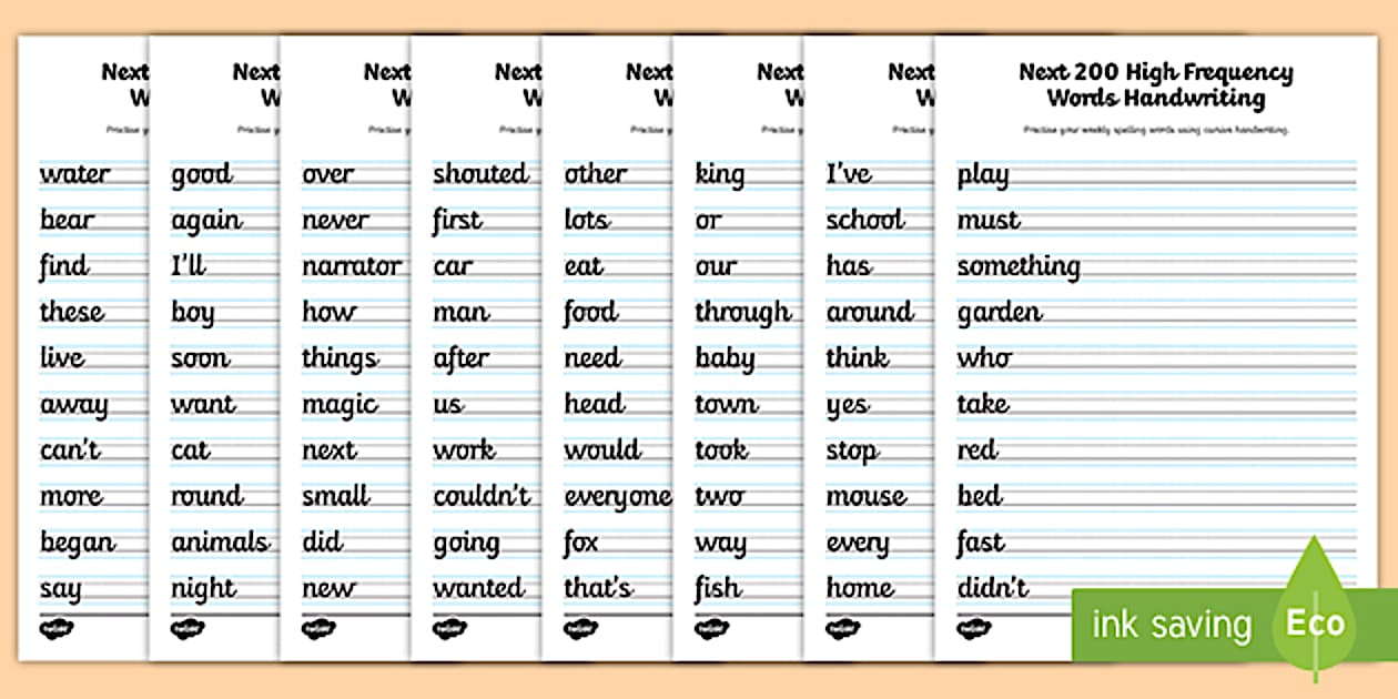 Next 200 High Frequency Words Handwriting Worksheets