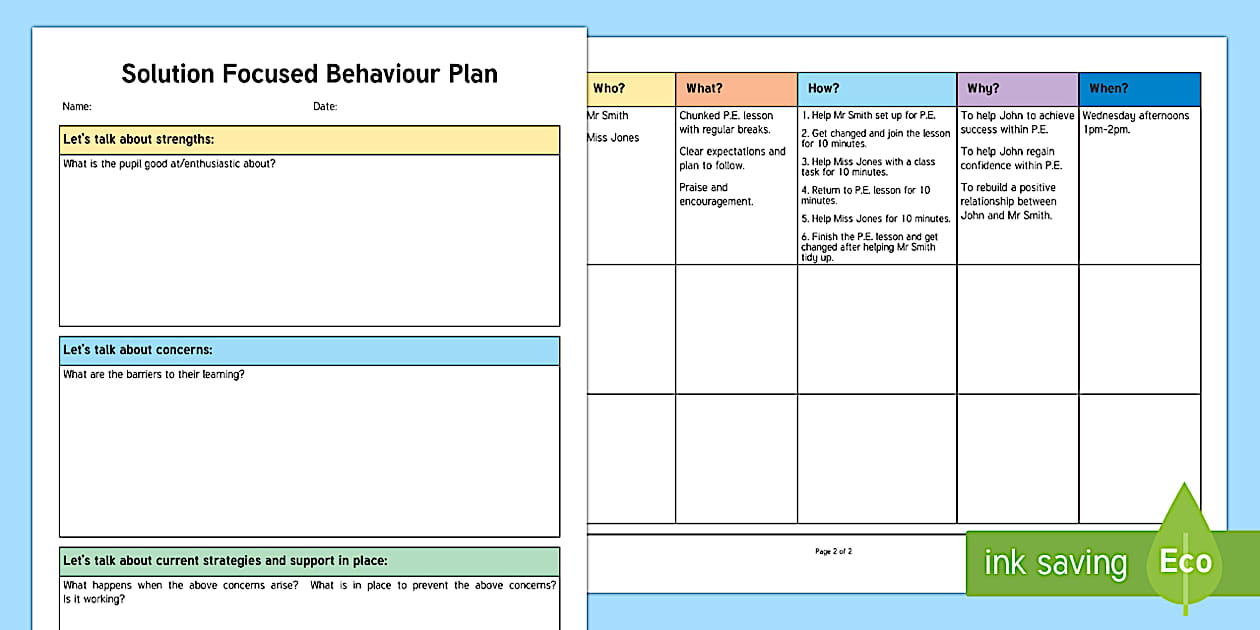 Black and White Solution Focused Behaviour Support Plan Template | Editable