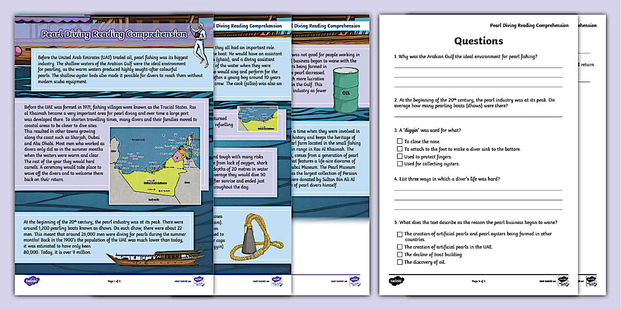 Pearl Diving Reading Comprehension (teacher made) - Twinkl