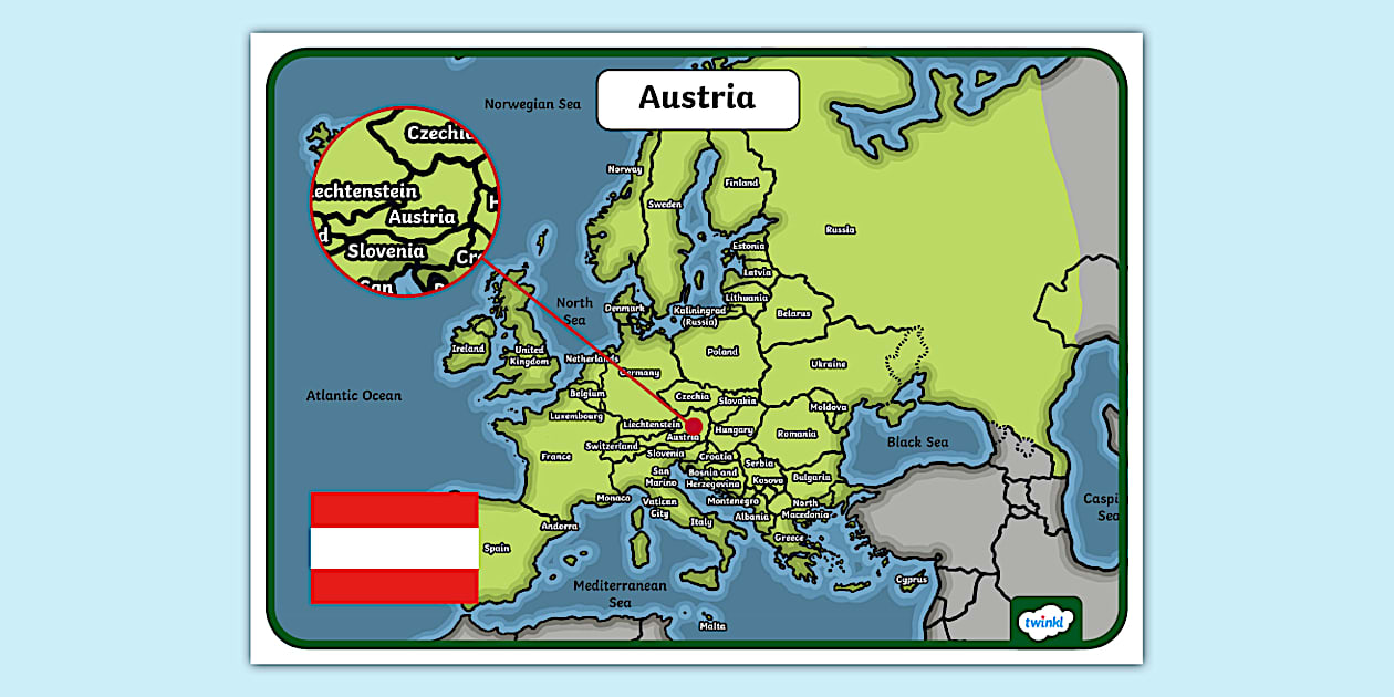 Austria on Europe Map Display Poster (teacher made) - Twinkl