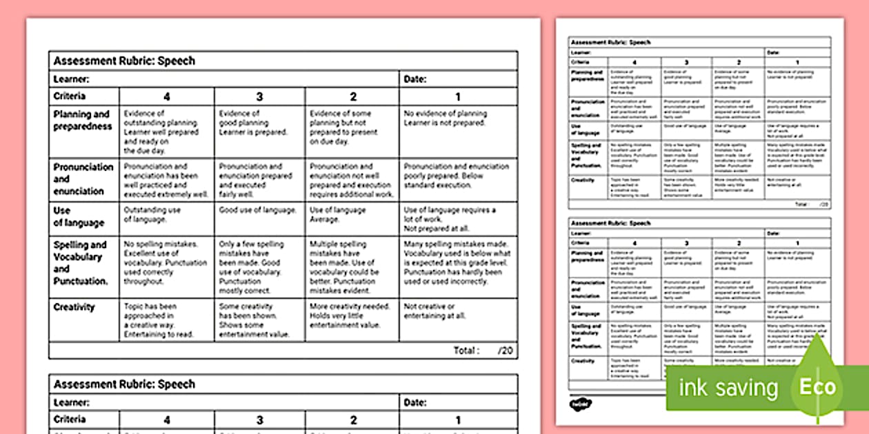 Speeches Assessment Rubric - Twinkl