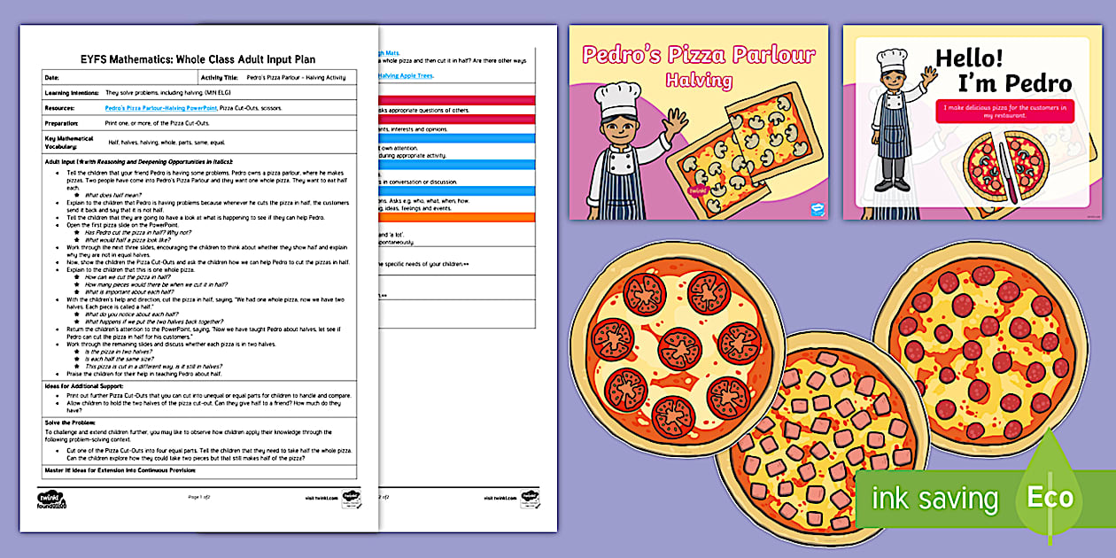 EYFS Maths: Pedro's Pizza Parlour Halving Activity Whole Class Adult Input