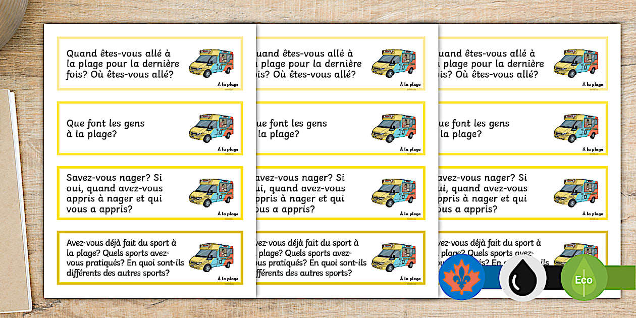 French-Language Beach Conversation Prompt Cards - Twinkl