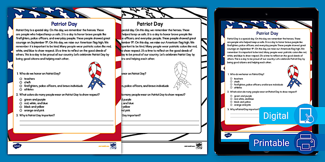 Second Grade Patriot Day Reading Passage Comprehension