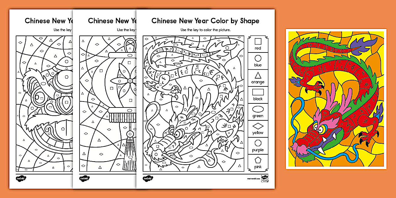 Kindergarten Chinese New Year Color by Shape Worksheet