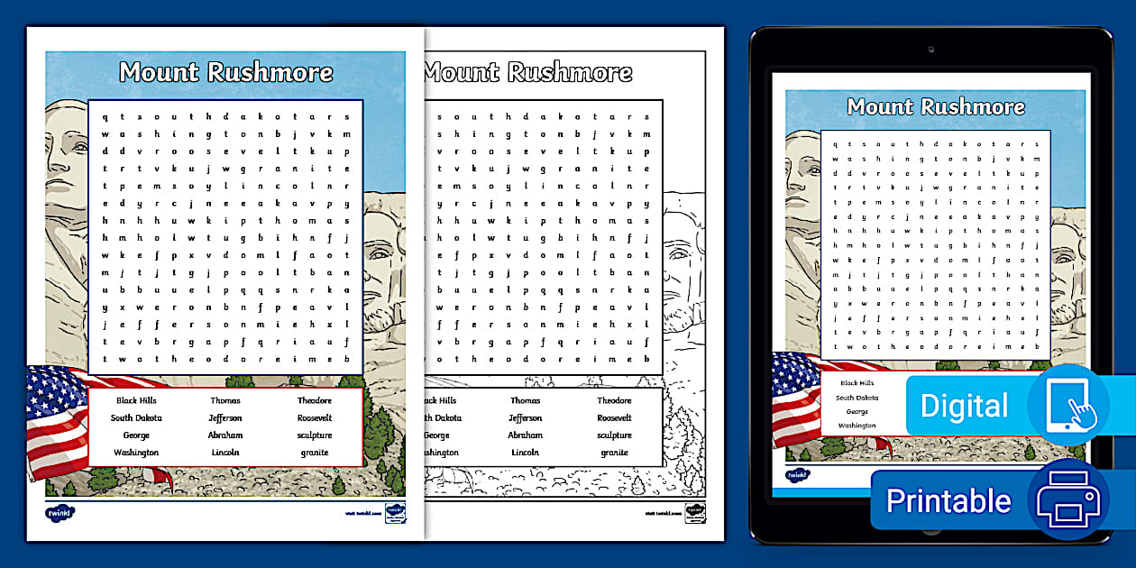 Mount Rushmore Word Search for 3rd-5th Grade | Twinkl USA