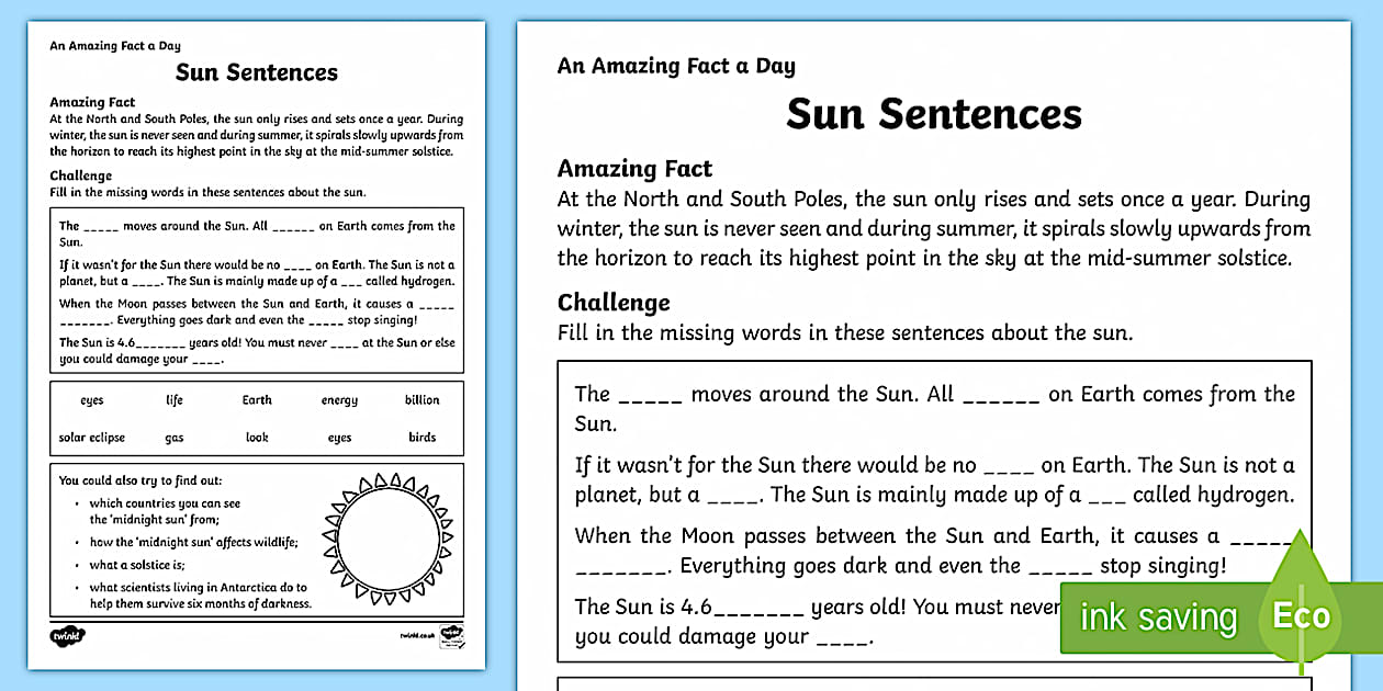 Editable Sun Sentences Worksheet (teacher made) - Twinkl