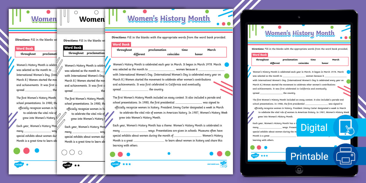 Fourth Grade Women's History Month Cloze Reading - Twinkl