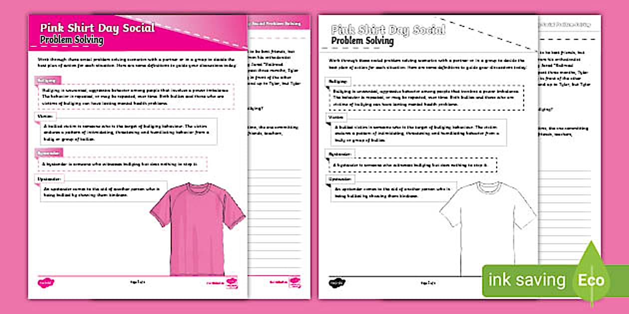 Pink Shirt Day Social Problem Solving Worksheet - Twinkl